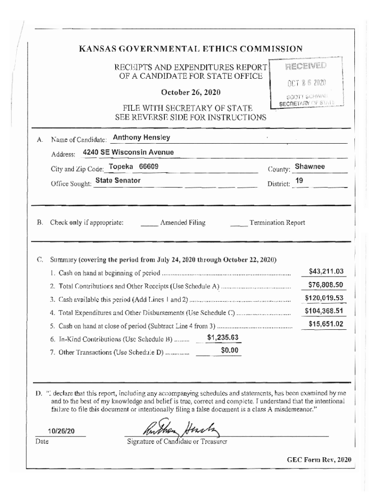 Fillable Online ethics ks KANSAS GOVERNMENTAL ETHICS COMMISSION ...