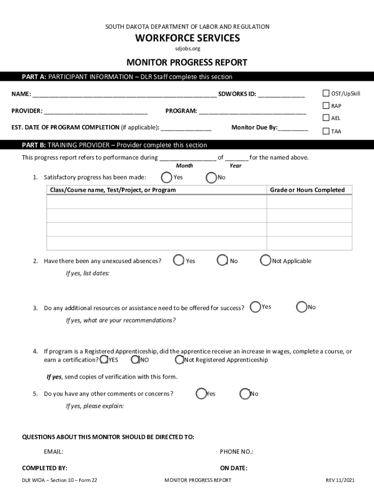 Fillable Online dlr sd WIOA FORM 22: Monitor Progress Report Fax Email ...