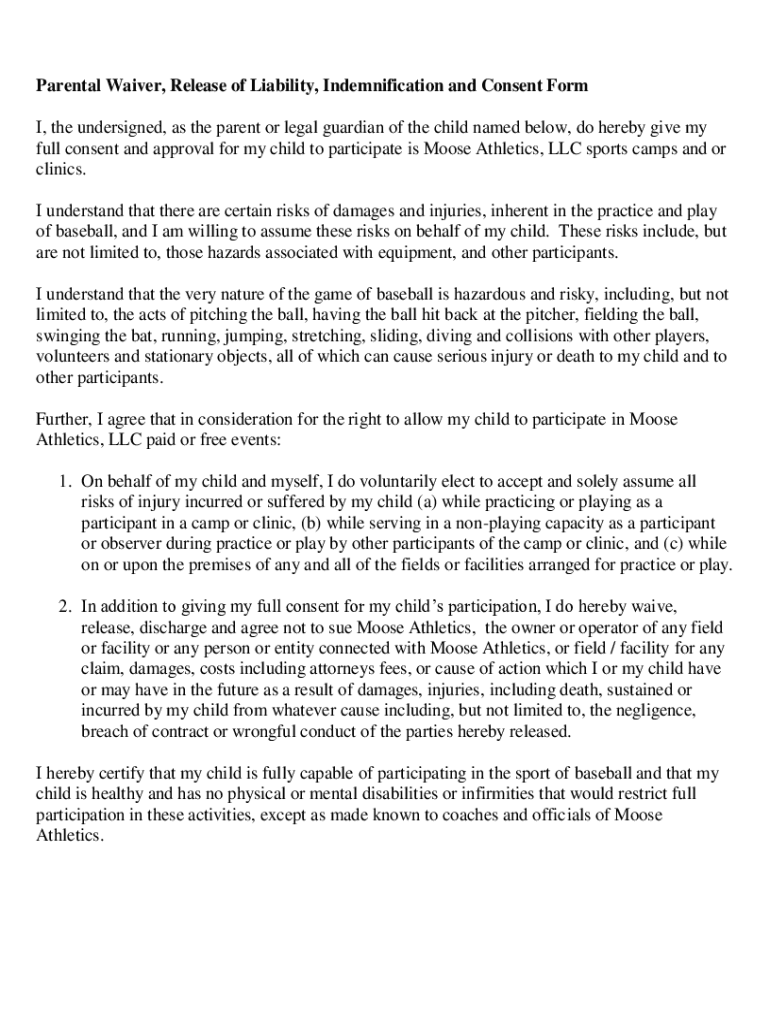 Fillable Online DOC Parental Waiver, Release of Liability, Indemnification and Consent ... Fax ...