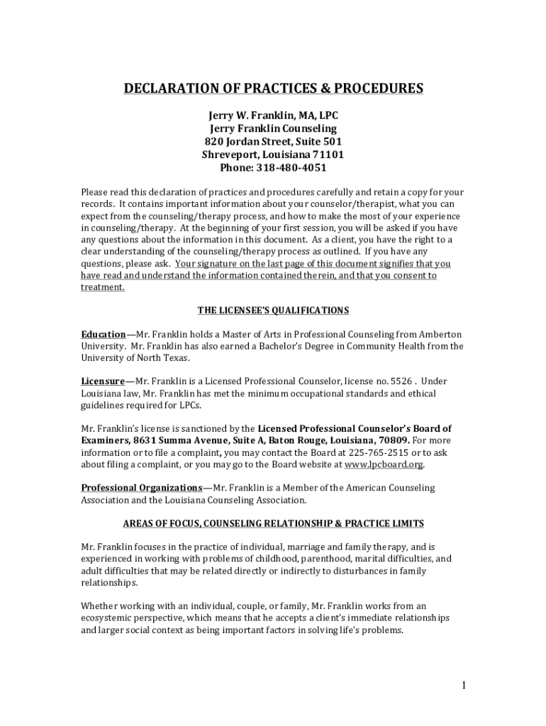 Fillable Online DECLARATION OF PRACTICES & PROCEDURES - Jerry Franklin ...