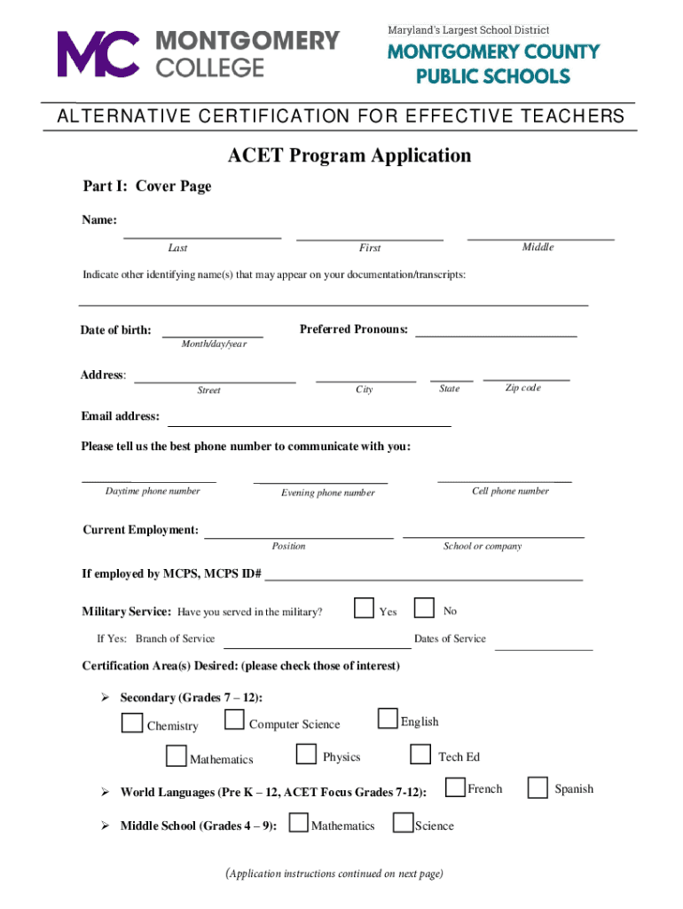 Fillable Online . ACET Application Form, Montgomery College, Maryland Fax Email Print - pdfFiller