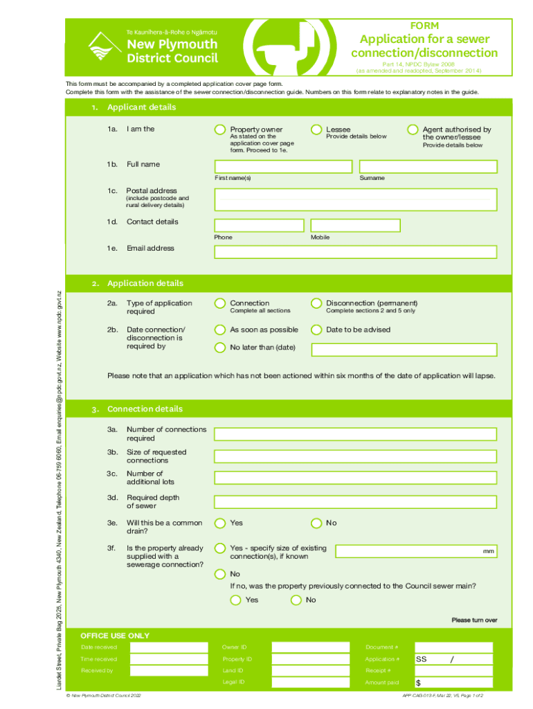 Fillable Online FORM Application for a sewer connection/disconnection ...