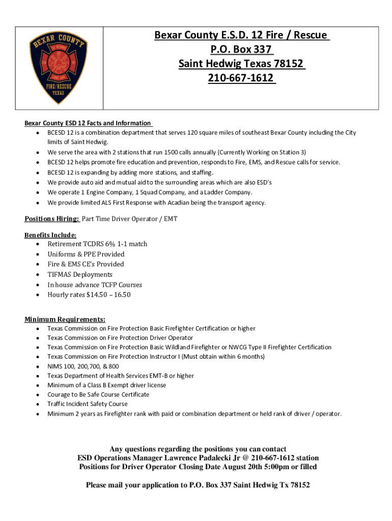 Fillable Online Bexar County Esd 12 Fire and Rescue in San Antonio TX ...
