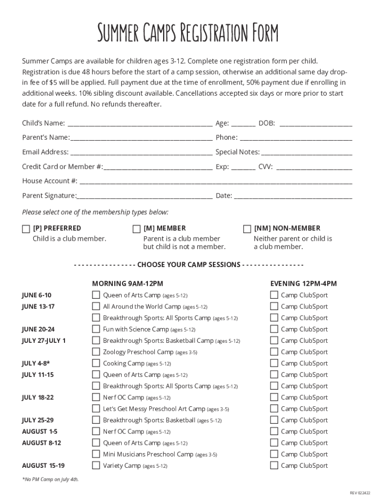Fillable Online FREE 11+ Printable Summer Camp Registration Forms in ...