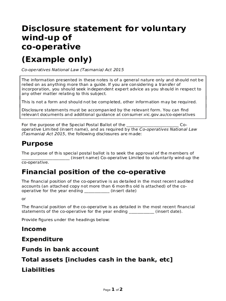 Disclosure statement for voluntary wind up of co-operative. Co ...