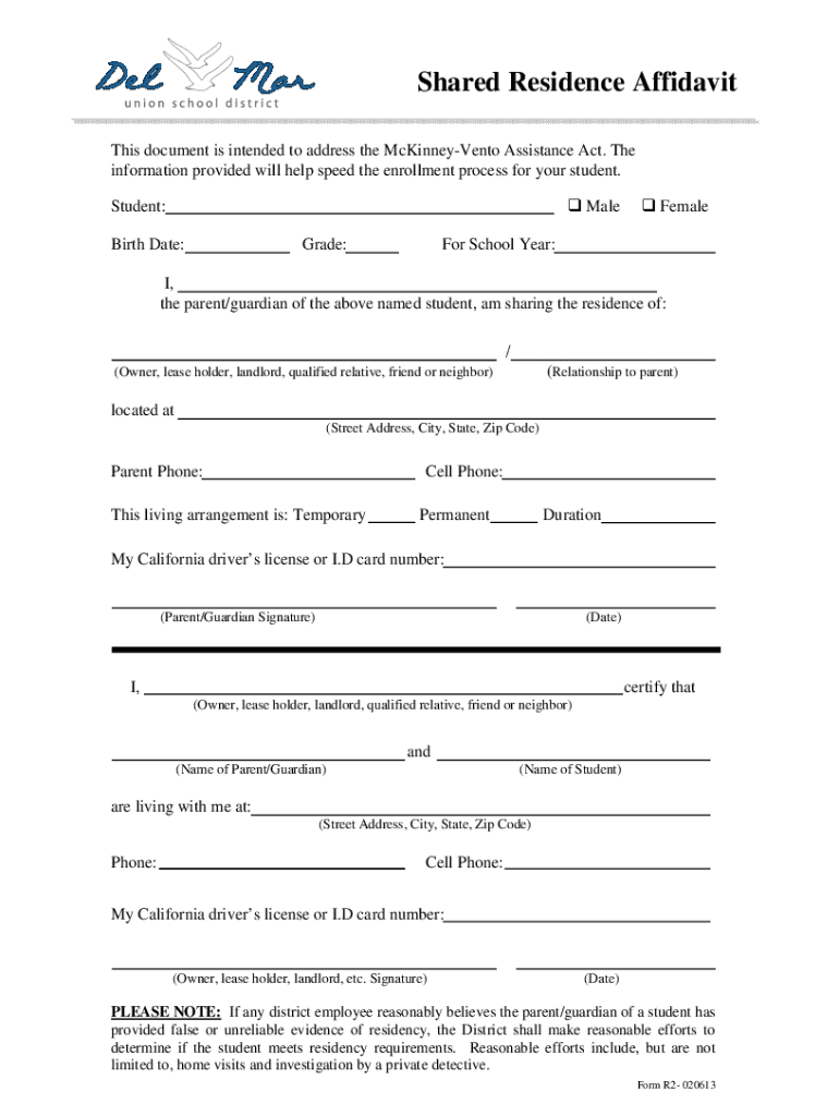 Fillable Online R2 - Shared Residence Affidavit Fax Email Print - pdfFiller