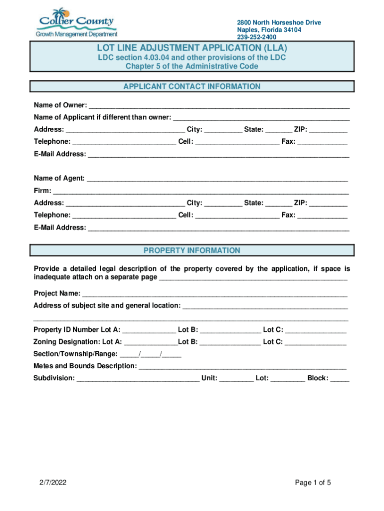 Fillable Online LOT LINE ADJUSTMENT APPLICATION (LLA) Fax Email Print ...