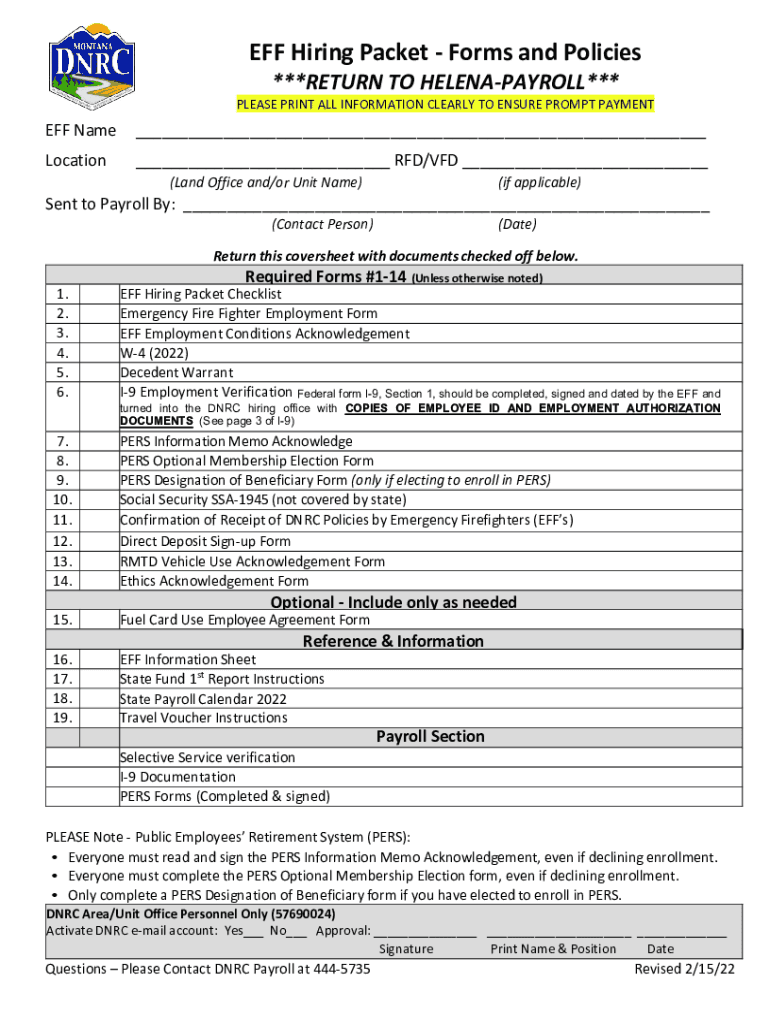 Fillable Online dnrc mt EFF Hiring Packet - Forms and Policies ...