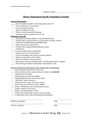 Fillable Online Dietary-Department Specific Oreintation Checklist Fax ...