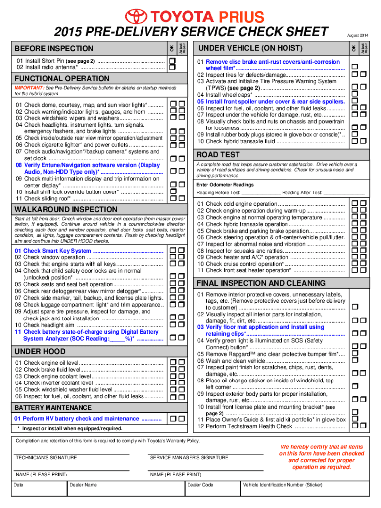 Fillable Online 2015 PRE-DELIVERY SERVICE CHECK SHEET Fax Email Print ...