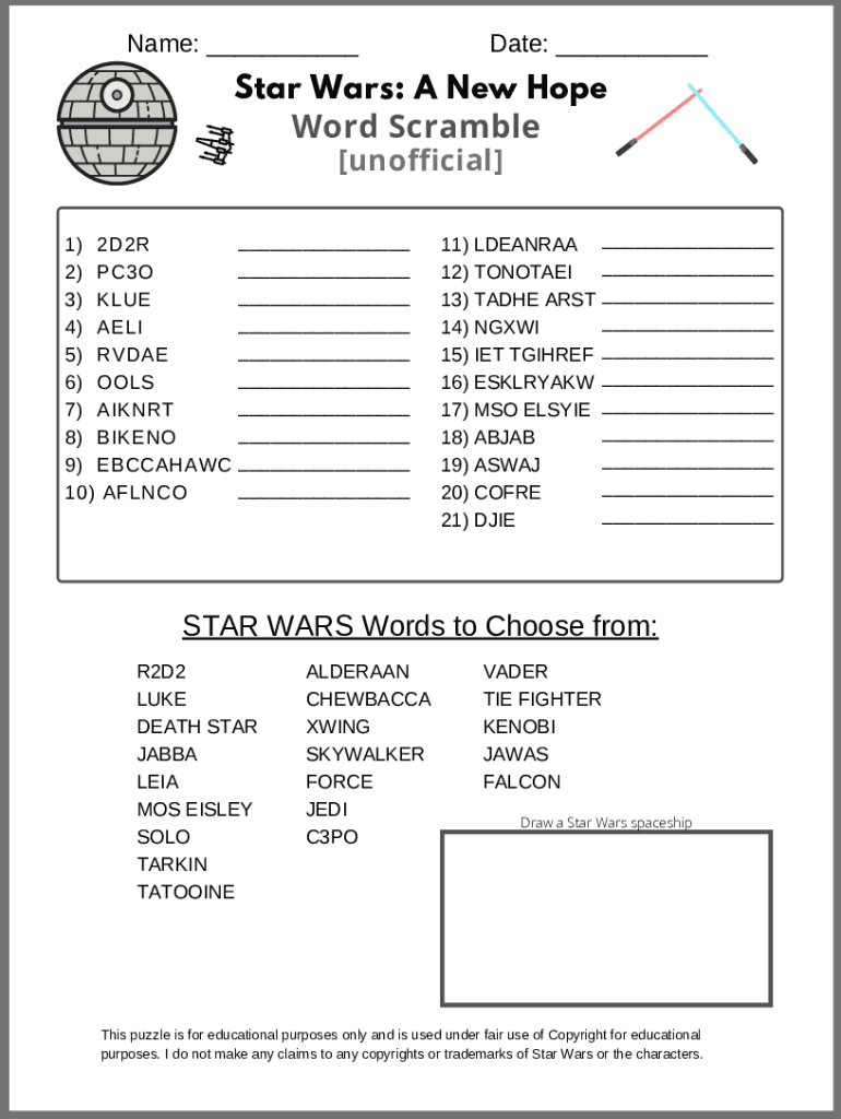 Fillable Online Star Wars Word Scramble A New Hope PDF Fax Email Print ...