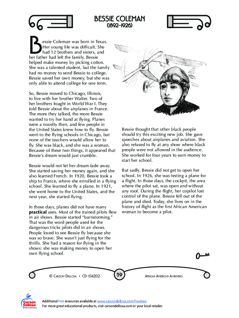 Fillable Online Bessie Coleman Biography - life, family, children ...