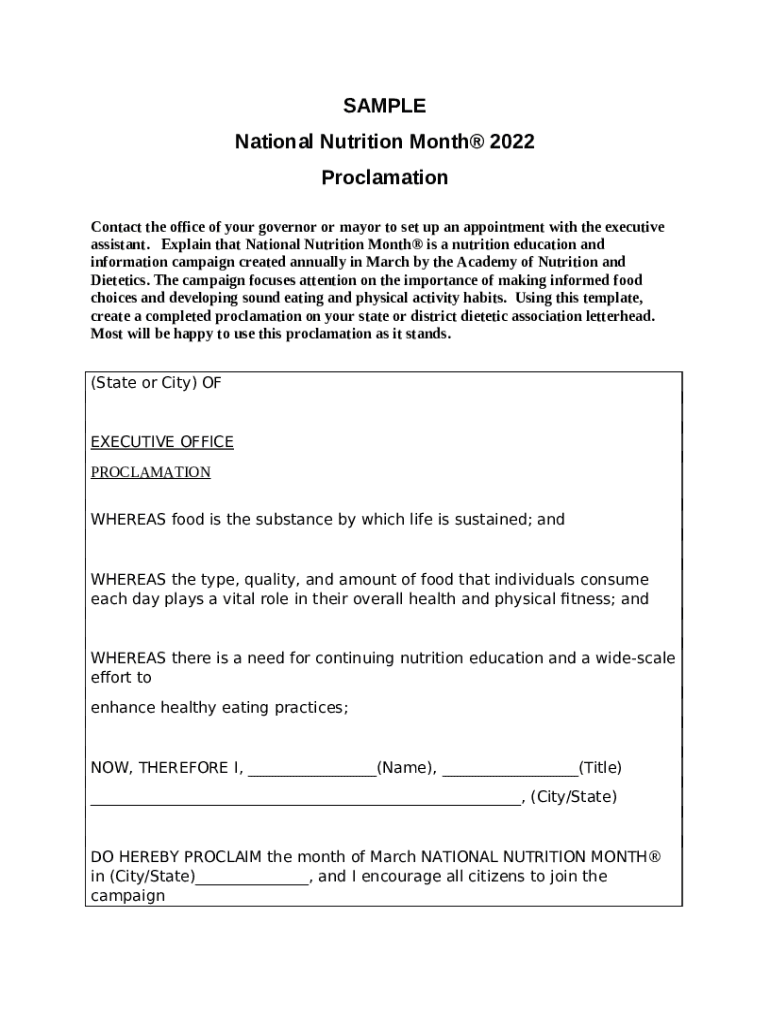 National Nutrition Month 2022 Proclamation Template. National Nutrition ...