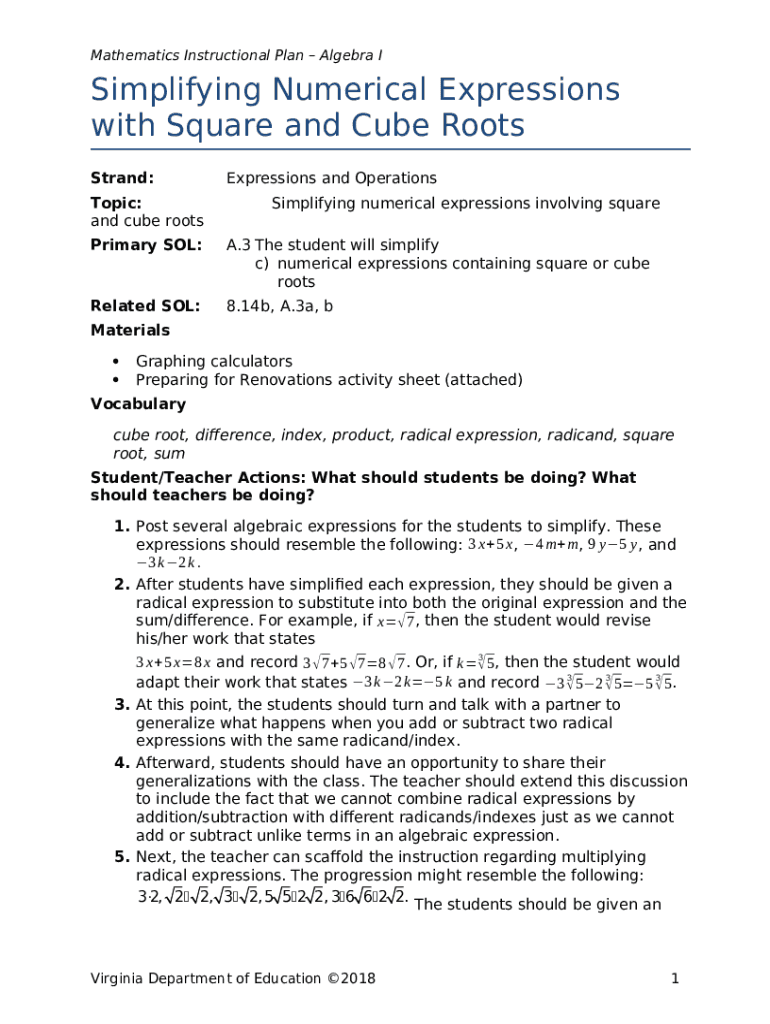 Mathematics Instructional Plan Simplifying Cube Roots of Integers Doc Template | pdfFiller