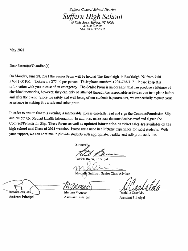 Fillable Online SUFFERN HIGH SCHOOL SENIOR PROM GUIDELINES & PERMISSION ...