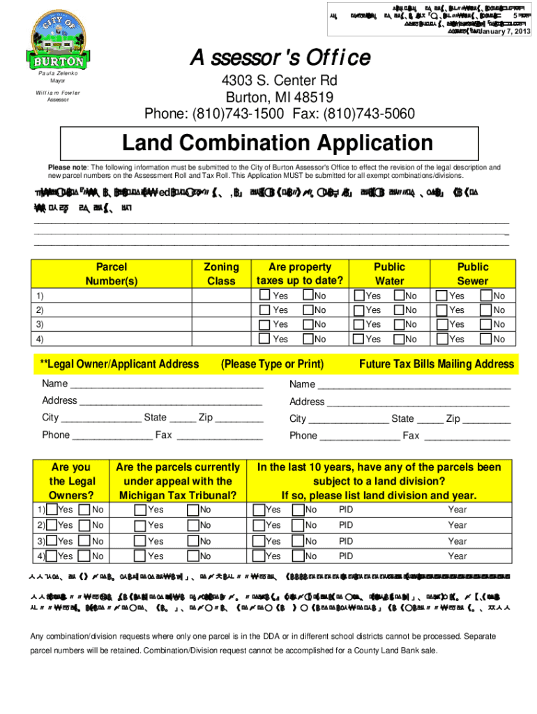 Fillable Online Land Combination Application. Land Combination ...