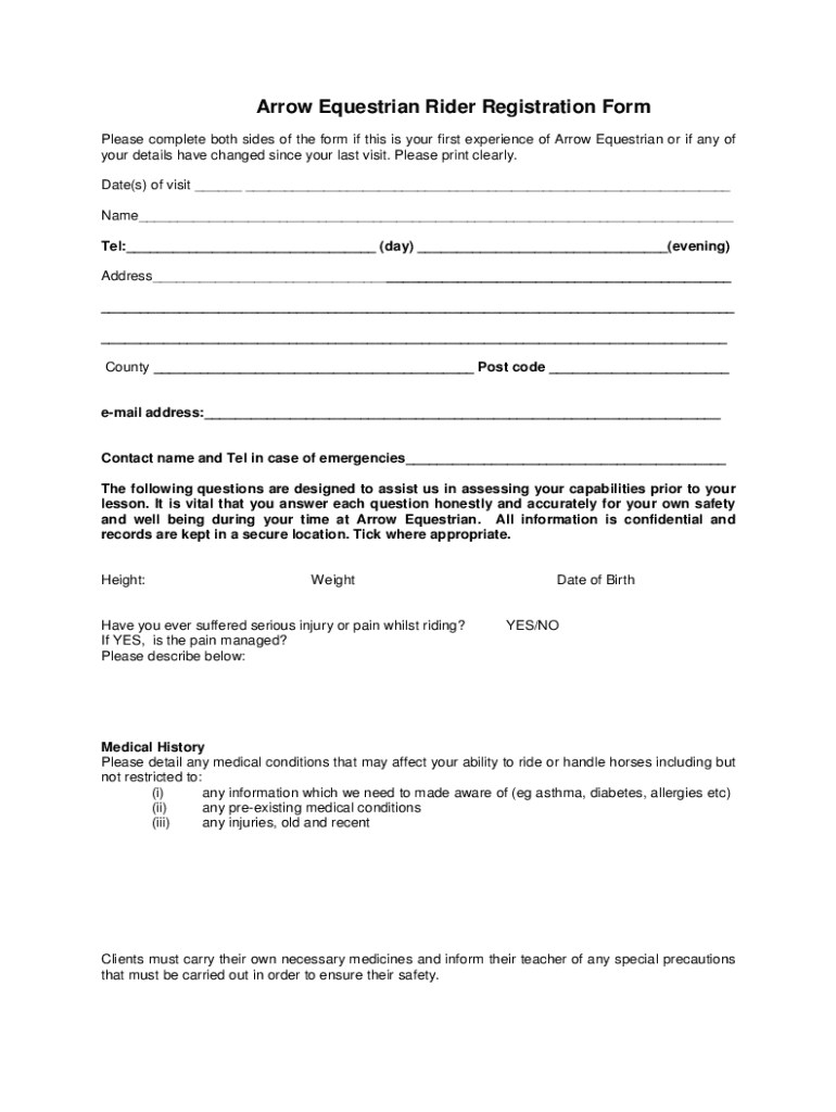 Fillable Online www.arrowequestrian.co.uk19Rider RegArrow Equestrian ...