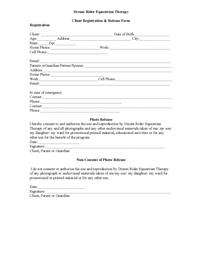 Fillable Online Client Registration Packet Dream Rider Equestrian ...