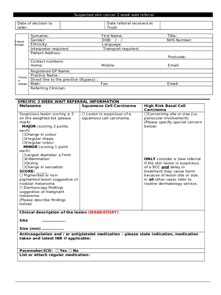 Suspected skin cancer 2 week wait referral Doc TemplatepdfFiller Doc ...