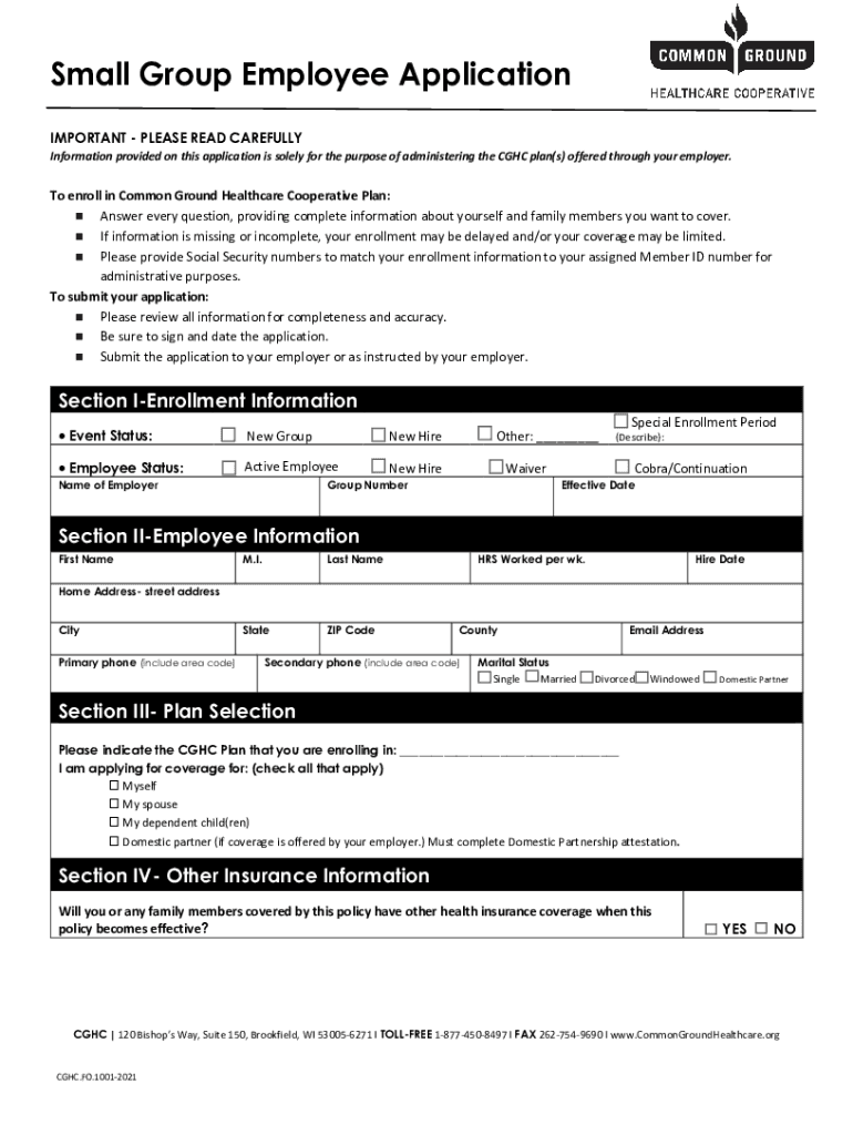 Fillable Online Small Group Employee Application - Common Ground ...