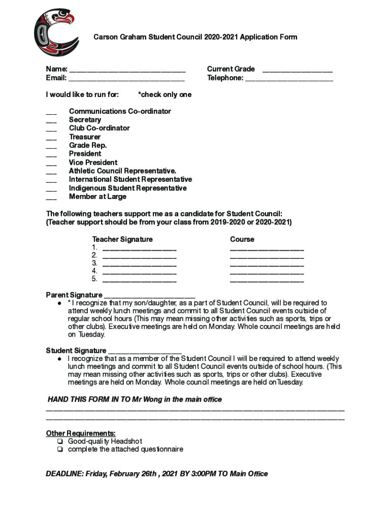 Fillable Online Carson Graham Student Council 2020-2021 Application ...
