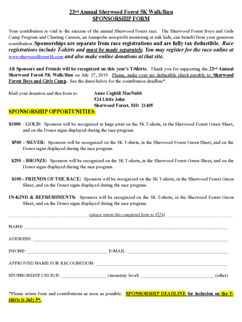 Fillable Online Annual Freedom 5K Run/Walk Sponsor Form Fax Email Print ...
