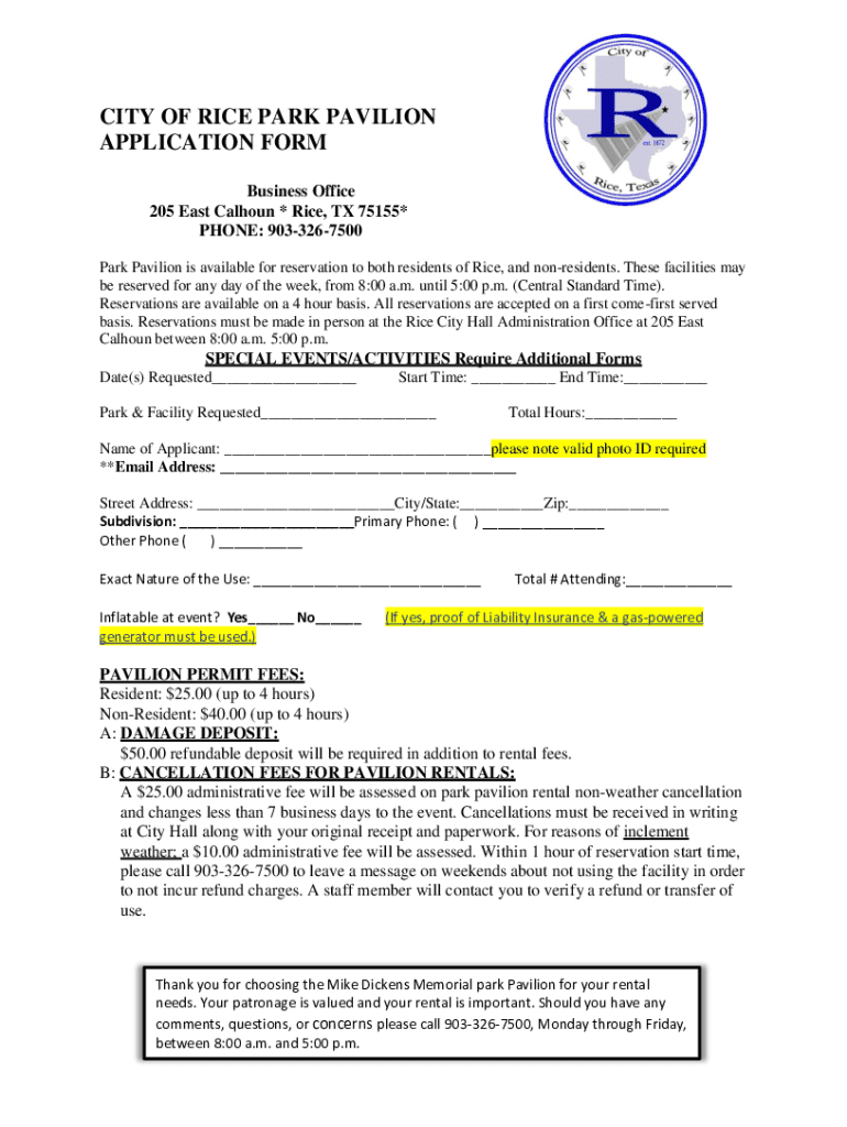 Fillable Online CITY OF RICE PARK PAVILION APPLICATION FORM Fax Email Print - pdfFiller