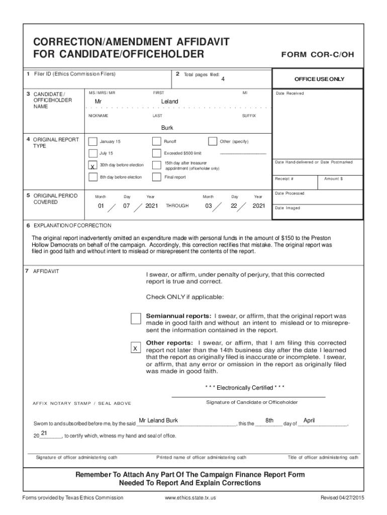 Fillable Online www2.elpasotexas.govmunicipal-clerkCCElectionDocsCORRECTION/AMENDMENT AFFIDAVIT ...