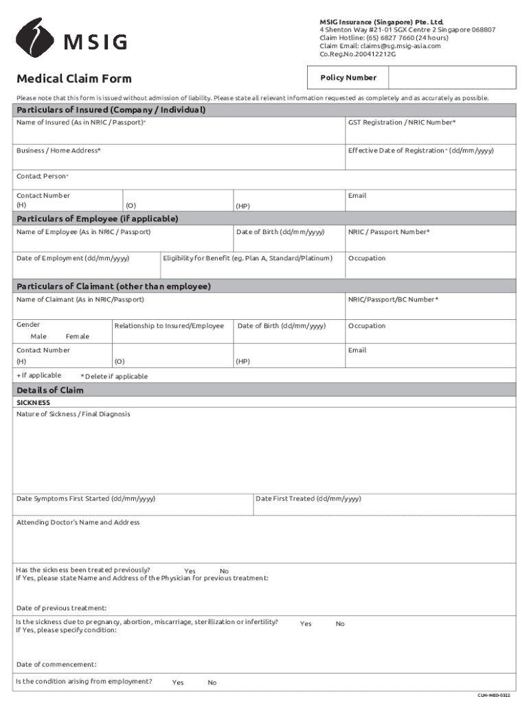 Fillable Online MSIG - Health Insurance - Medical Claim Form Fax Email ...