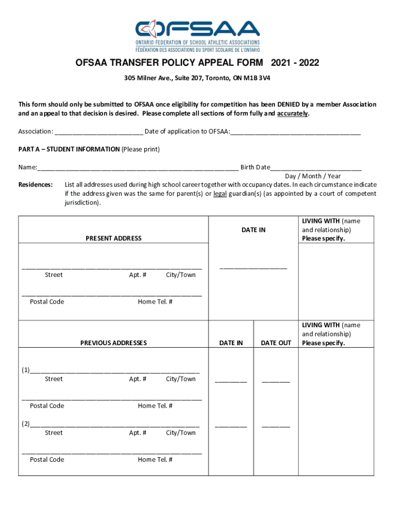 Fillable Online www.hwdsb.on.caathleticsfiles2021-2022 OFSAA TRANSFER APPEAL FORM INFORMATION ...