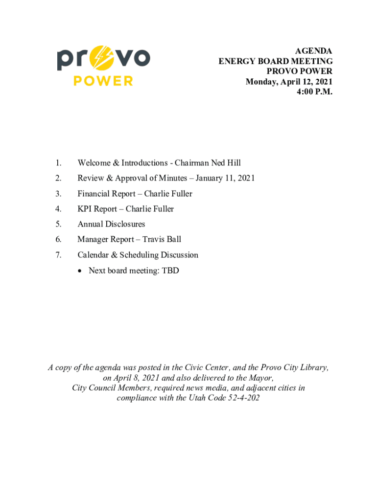 Fillable Online Provo: Provo City Energy (Power) Board - Public Notice ...