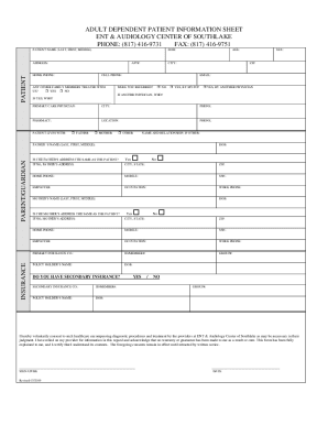 Fillable Online PDF ADULT DEPENDENT PATIENT INFORMATION SHEET ENT ...
