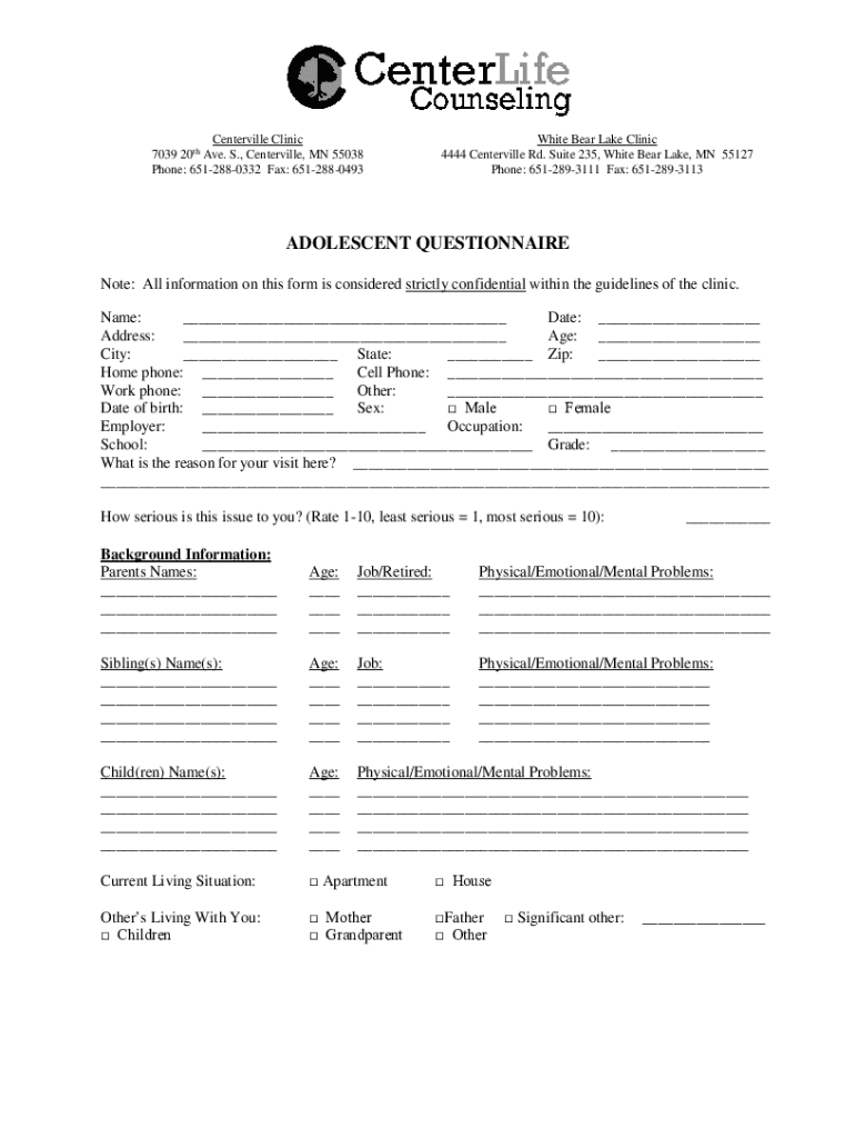Fillable Online ADOLESCENT QUESTIONNAIRE Fax Email Print - pdfFiller