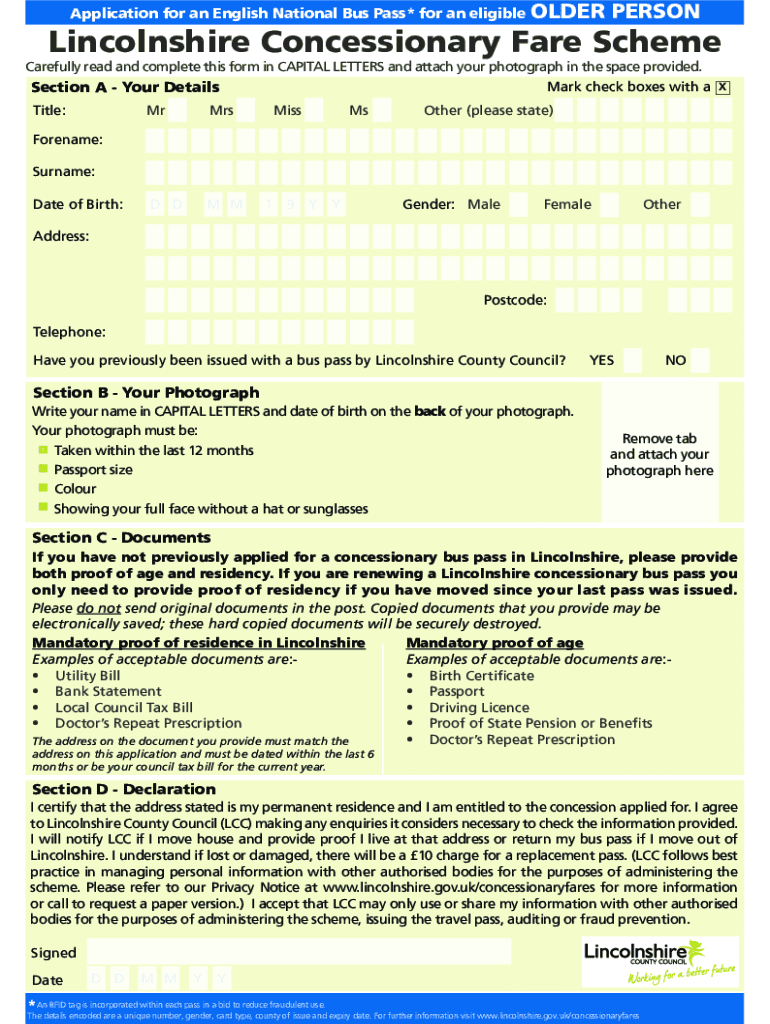 Fillable Online Bus Pass application form (document unsuitable forApply for a free bus ...