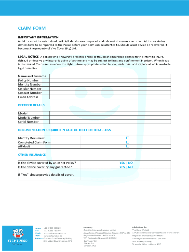 Fillable Online CLAIM FORM - Techsured Fax Email Print - pdfFiller