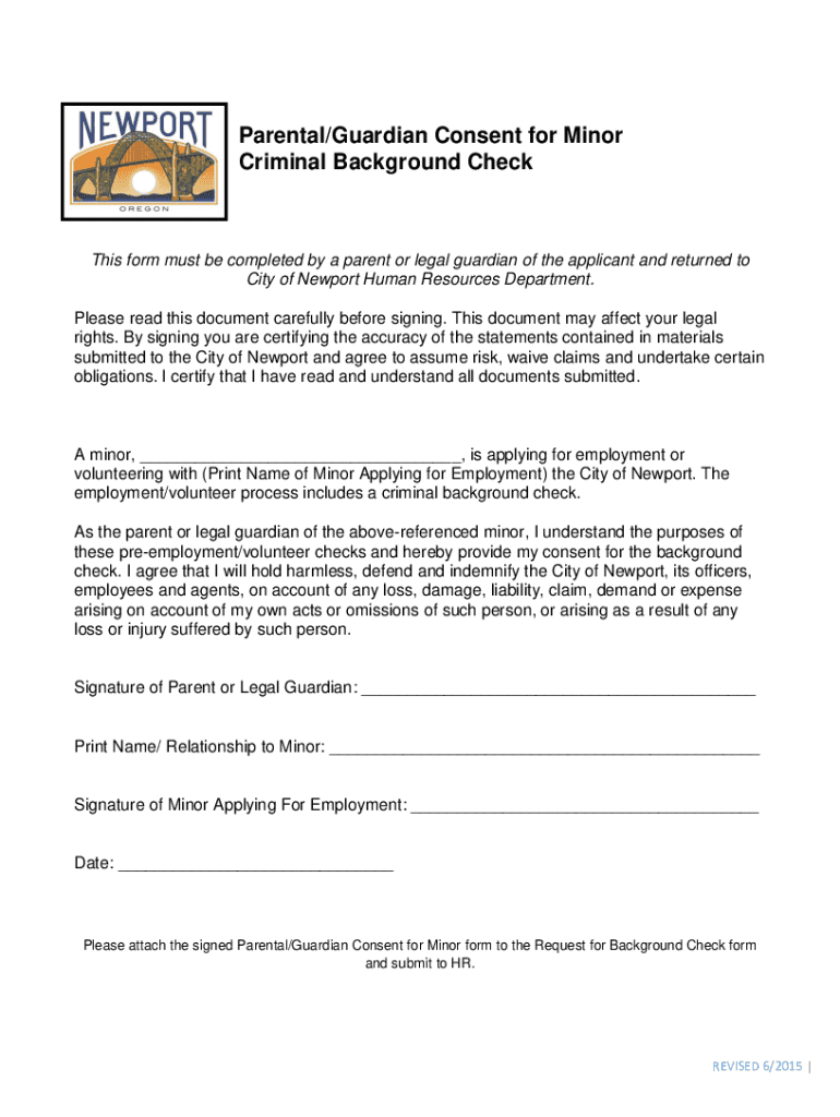 Fillable Online Parental Guardian Consent for Minor Criminal Background ...