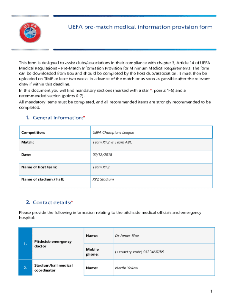 Fillable Online UEFA pre-match medical information (form filled example ...