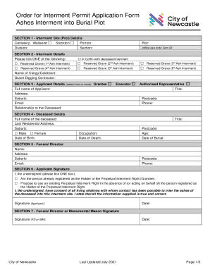Fillable Online newcastle nsw gov Fill - Free fillable Form 1: BURIAL & ASH INTERMENT ...