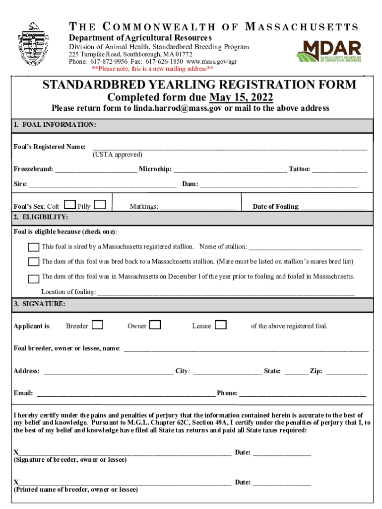 Fillable Online STANDARDBRED YEARLING REGISTRATION FORM Fax Email Print ...