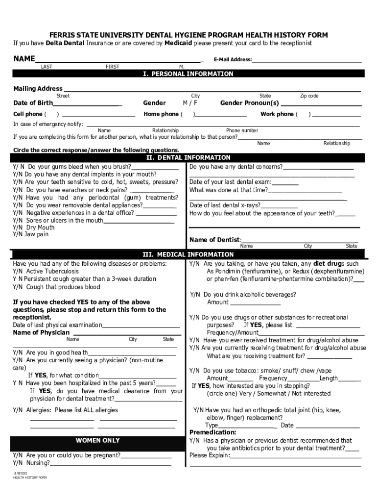 Fillable Online www.ferris.eduhealth-professionsDHPHHEALTH HISTORY FORM - Ferris State ...