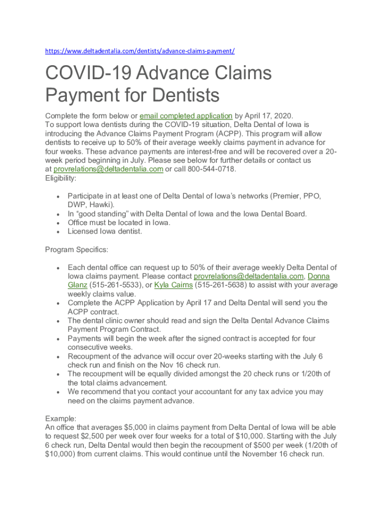 Fillable Online Advance Claim Payment to Aid Dental Practices Amid ...