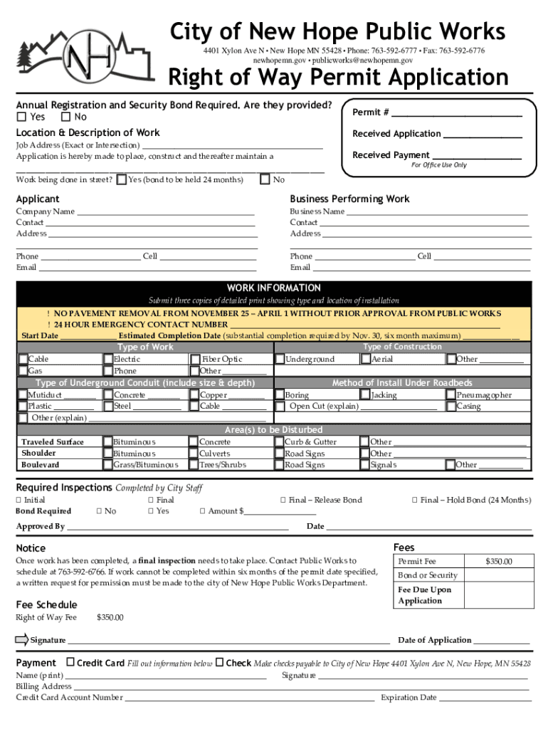 Fillable Online City of New Hope Public Works Right of Way Permit ...