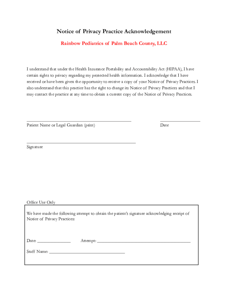 Fillable Online Notice of Privacy Practices Acknowledgment Form ...