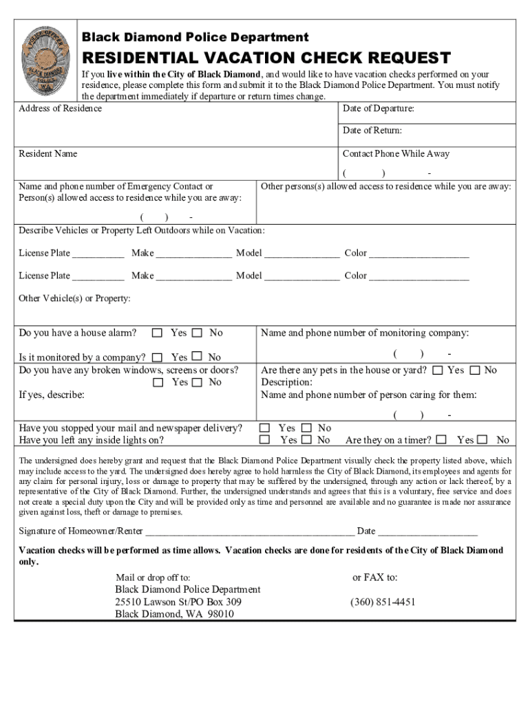 Fillable Online RESIDENTIAL VACATION CHECK REQUEST Fax Email Print ...