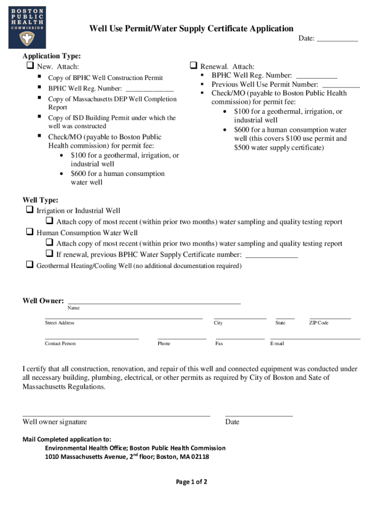 Fillable Online Well Use Permit/Water Supply Certificate Application ...