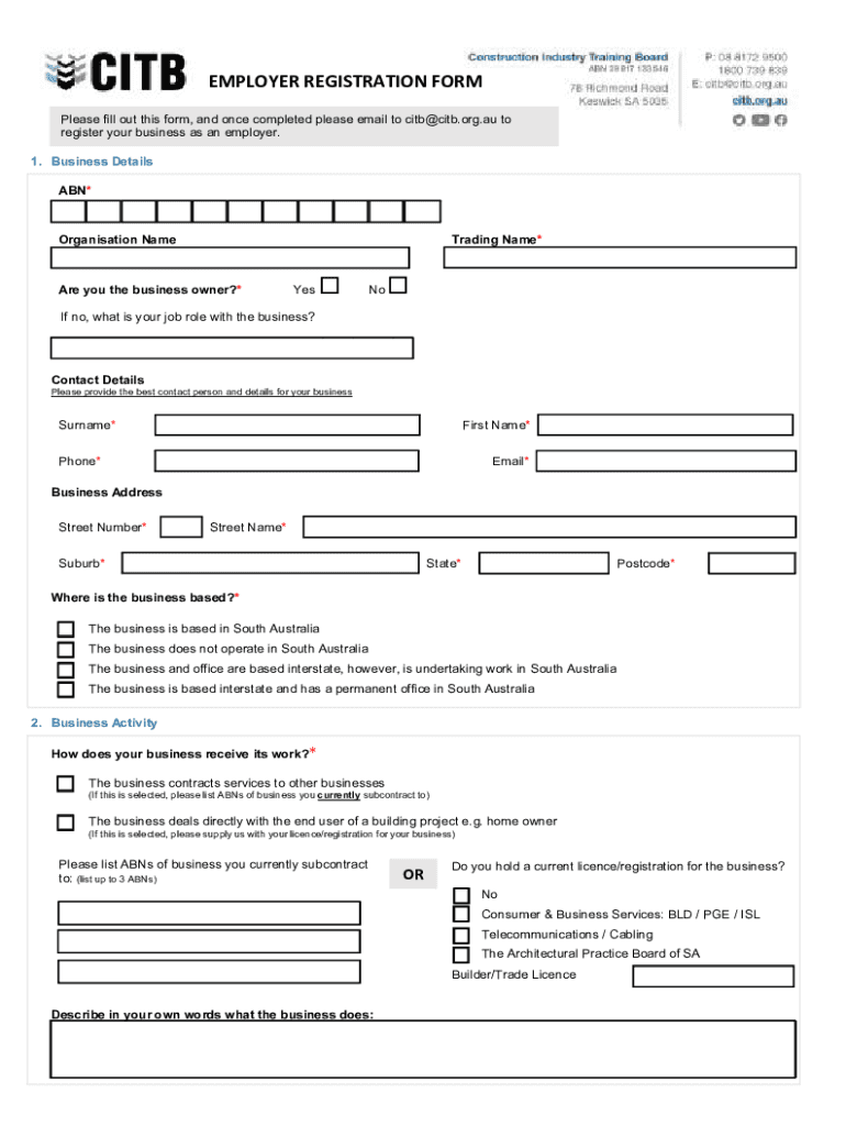 Fillable Online citb org citb.org.au assets docsEMPLOYER REGISTRATION ...
