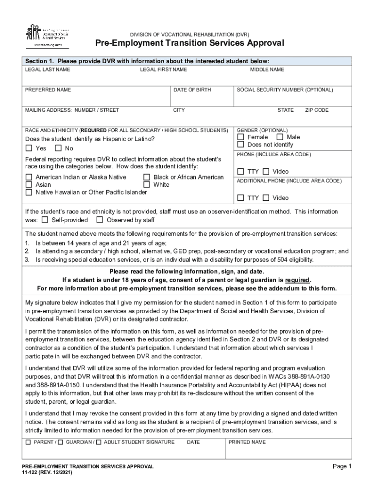 Fillable Online www.dshs.wa.govsitesdefaultPre-Employment Transition ...