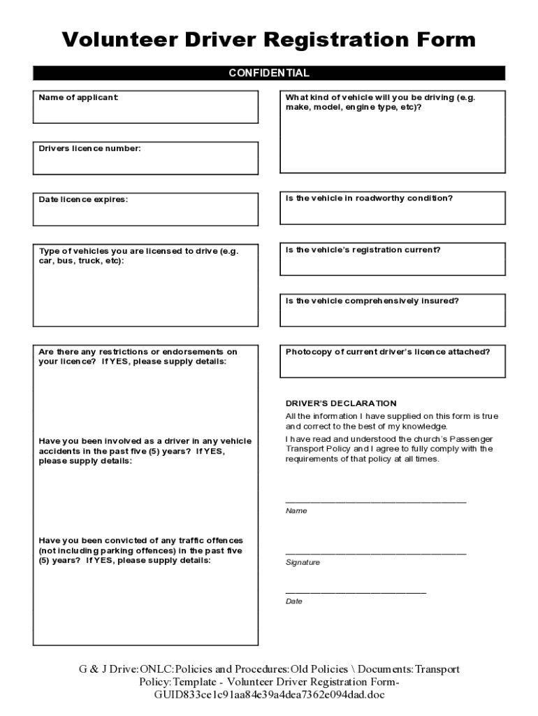 Fillable Online Template - Volunteer Driver Registration Form ...