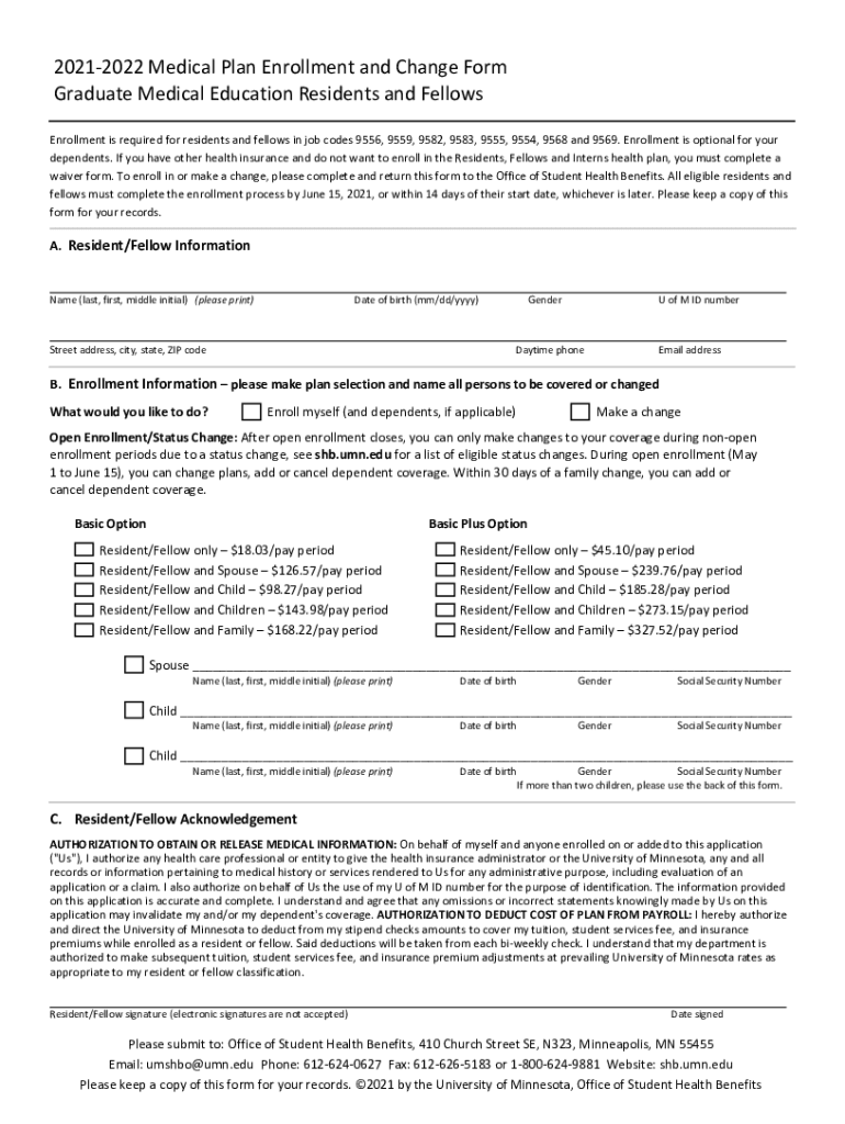 Fillable Online shb umn 2 3 Dental Plan Enrollment and Change Form Graduate Medical Education ...