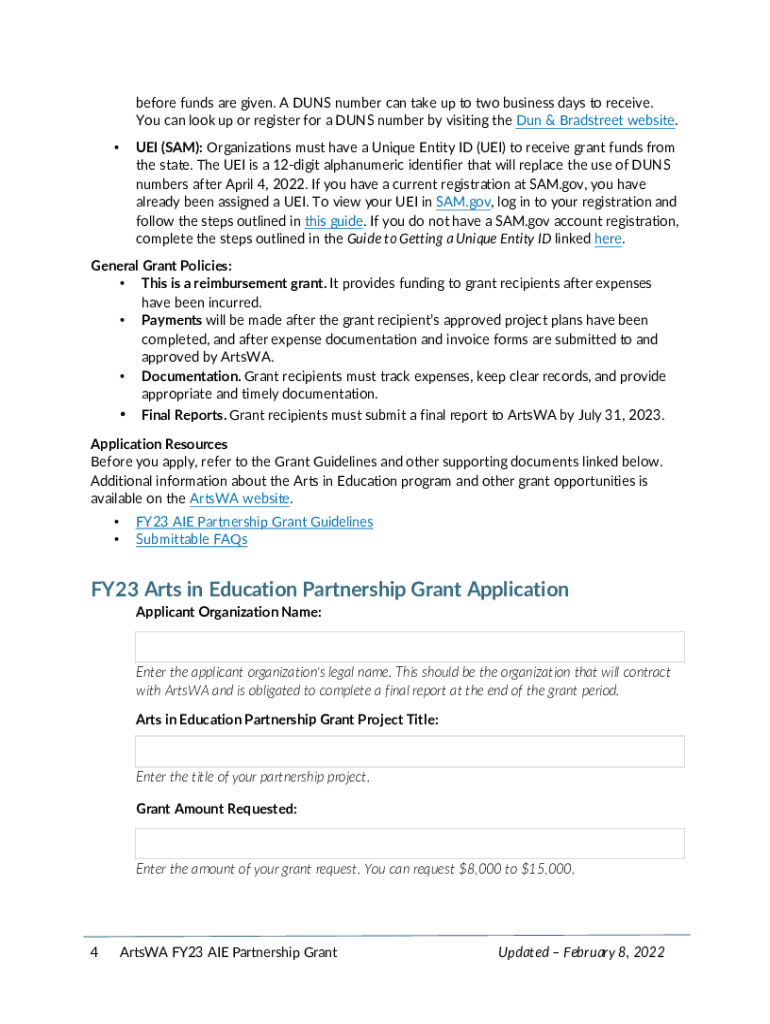 Fillable Online ArtsWA FY23 AIE Partnership Grant Full Application Fax Email Print - pdfFiller